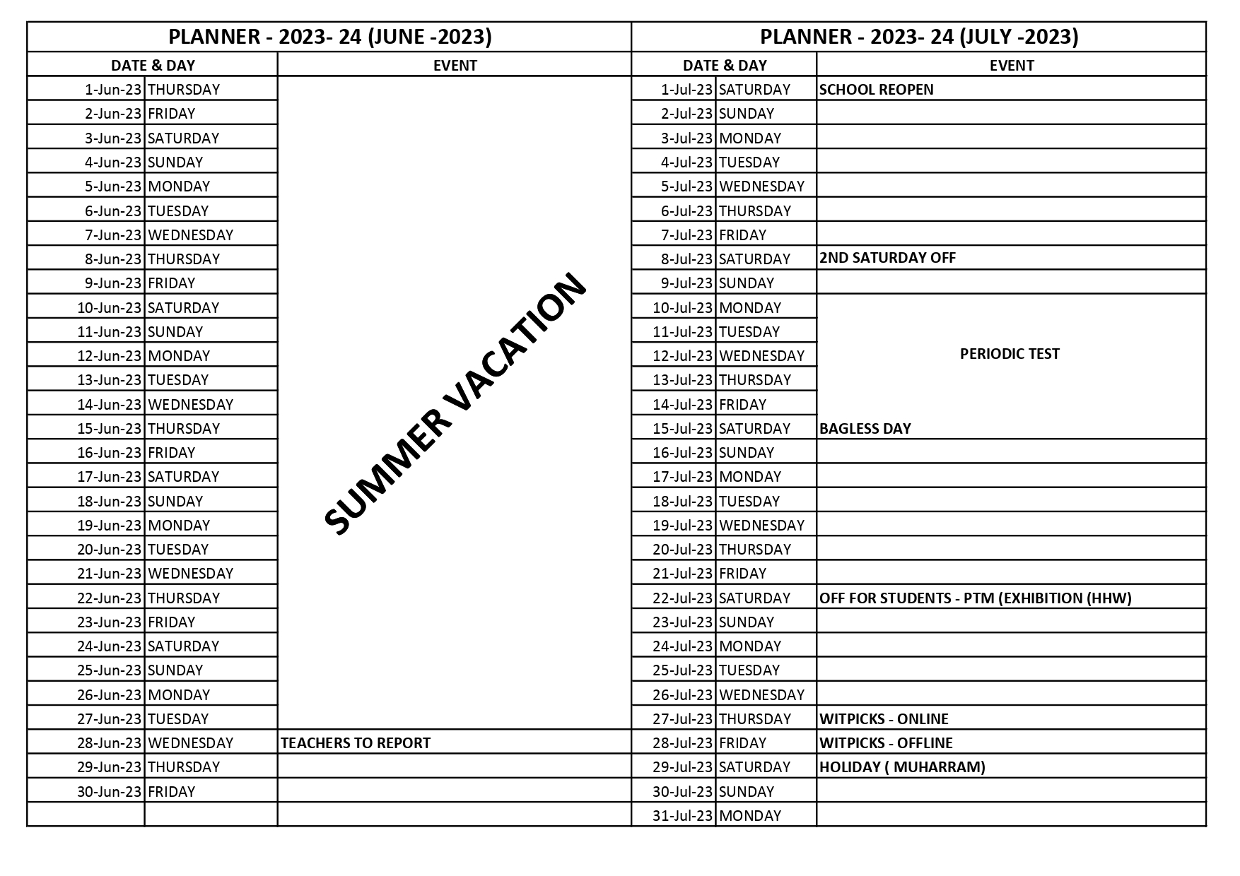 Kalka Public School : Secondary : Academic Calender